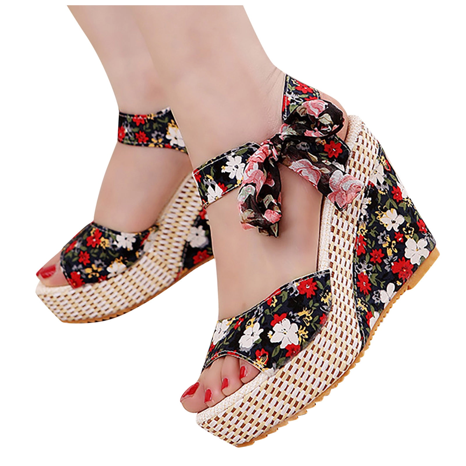 Womens Wedge Sandals Espadrilles Peep Toe Platform Ankle Strap Lace Bow ...