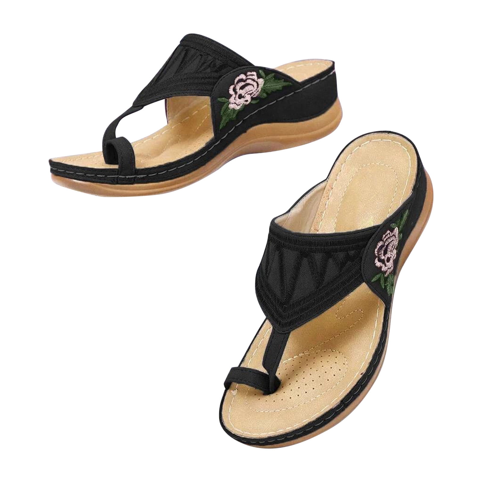 Womens Wedge Sandals Flower Embroidered Vintage Sandals Toe Ring Slip ...