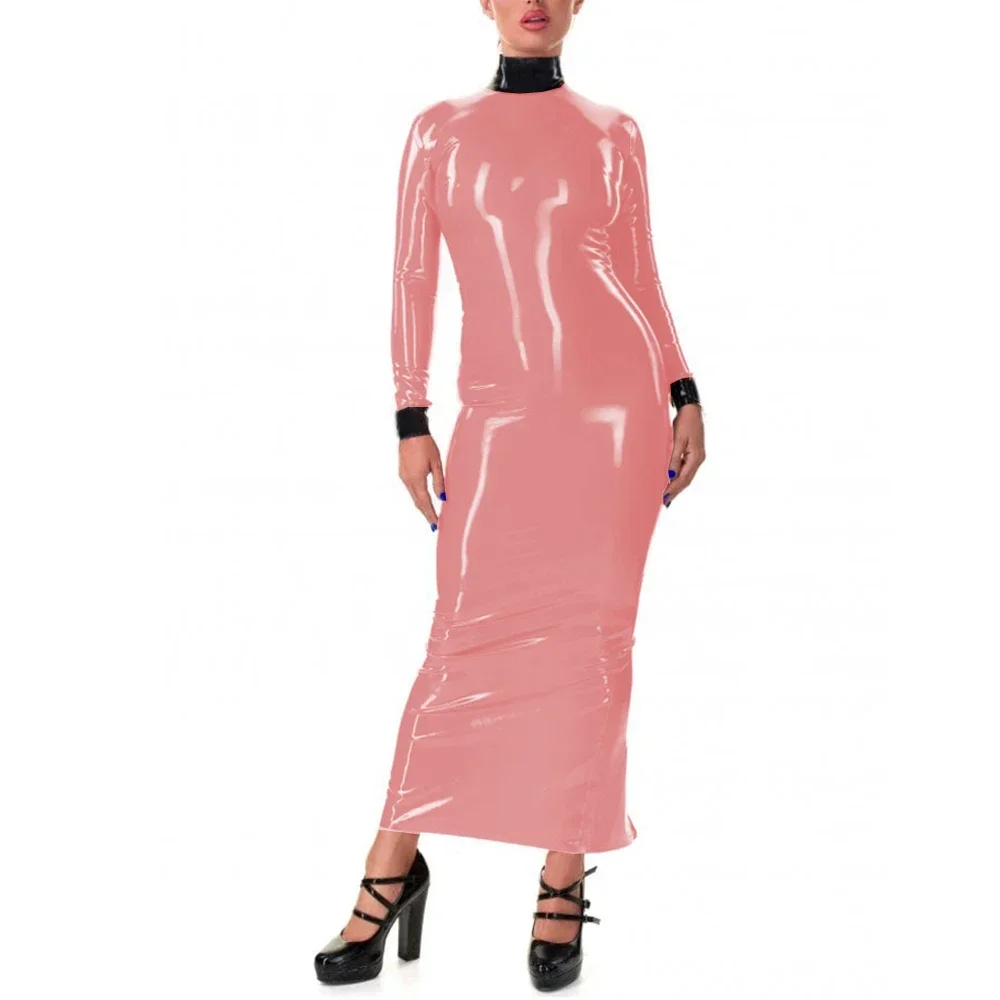 Womens Wet PVC Leather Bodycon Long Dress Female Turtleneck Long Sleeve ...