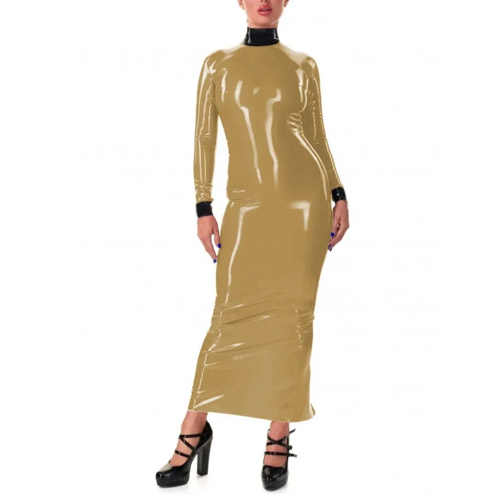 Womens Wet PVC Leather Bodycon Long Dress Female Turtleneck Long Sleeve ...