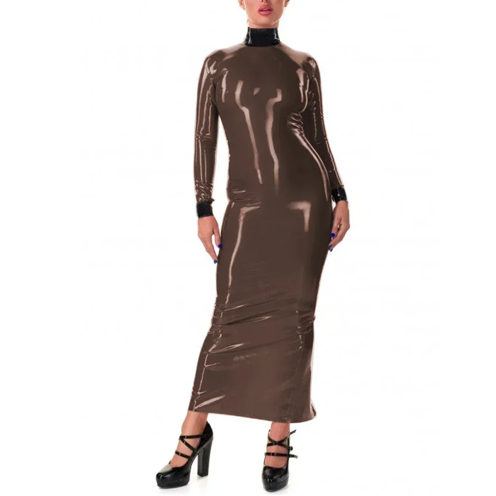 Womens Wet PVC Leather Bodycon Long Dress Female Turtleneck Long Sleeve ...