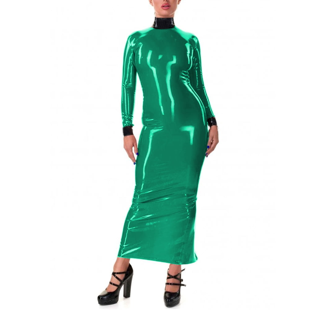 Womens Wet PVC Leather Bodycon Long Dress Female Turtleneck Long Sleeve ...