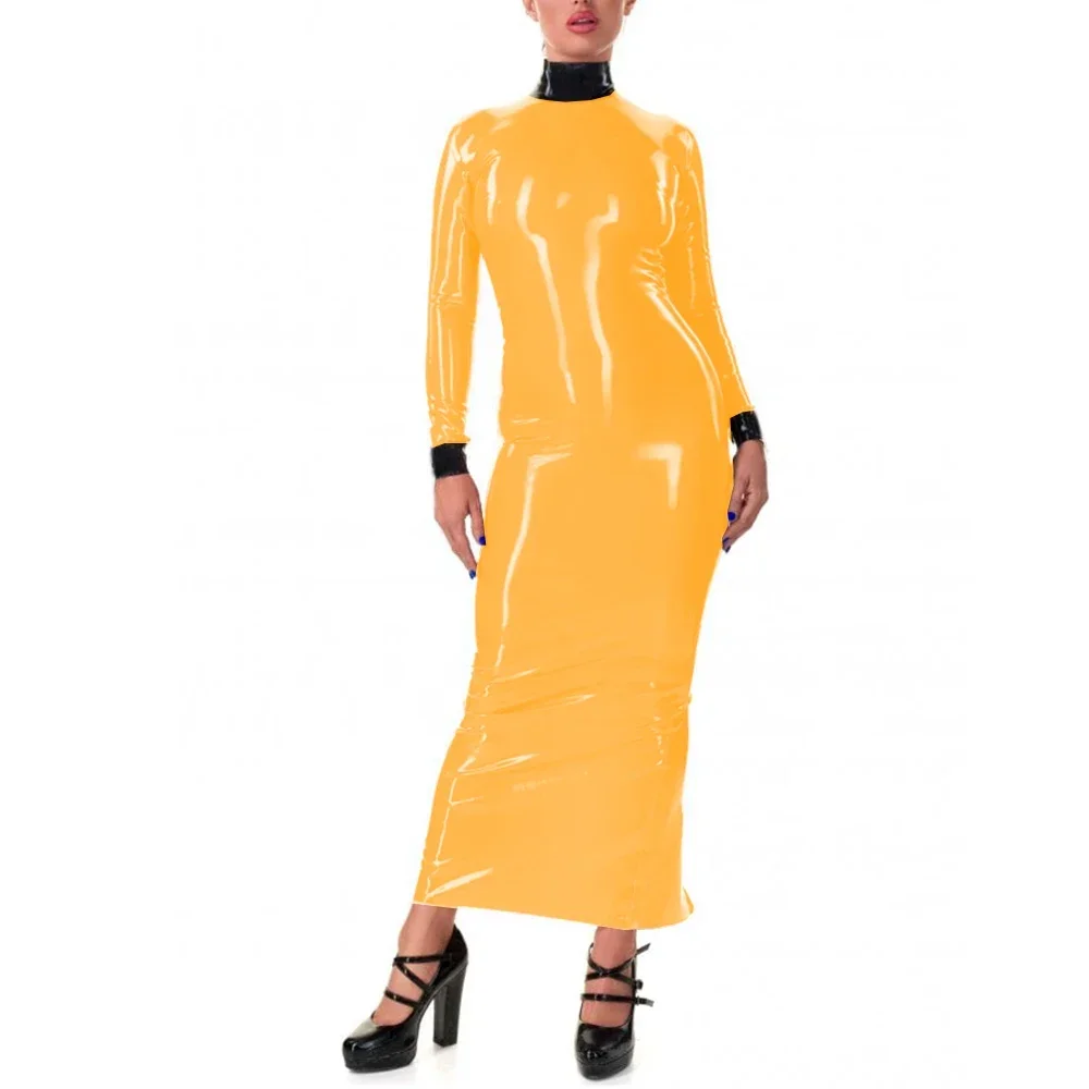 Womens Wet PVC Leather Bodycon Long Dress Female Turtleneck Long Sleeve ...