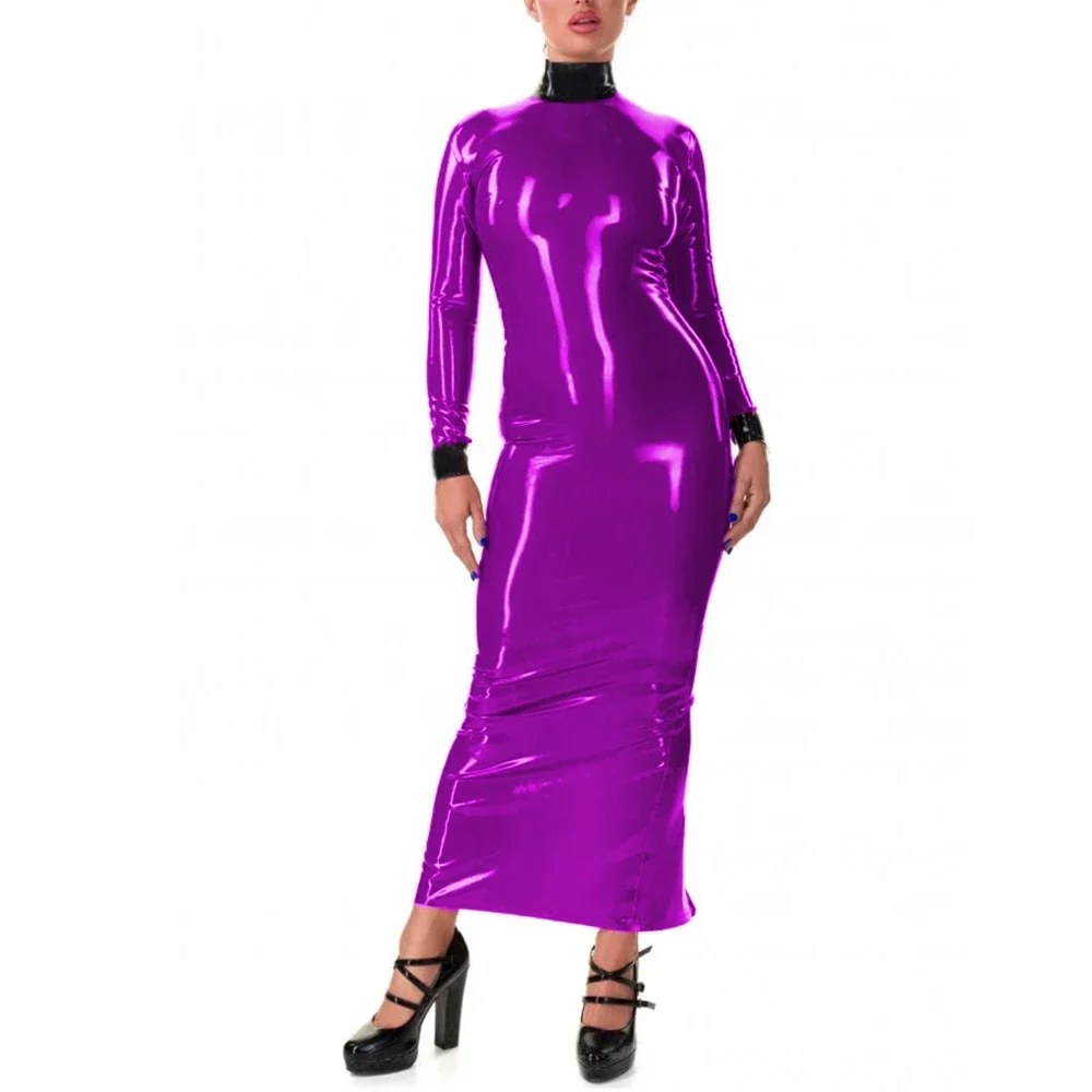 Womens Wet PVC Leather Bodycon Long Dress Female Turtleneck Long Sleeve ...
