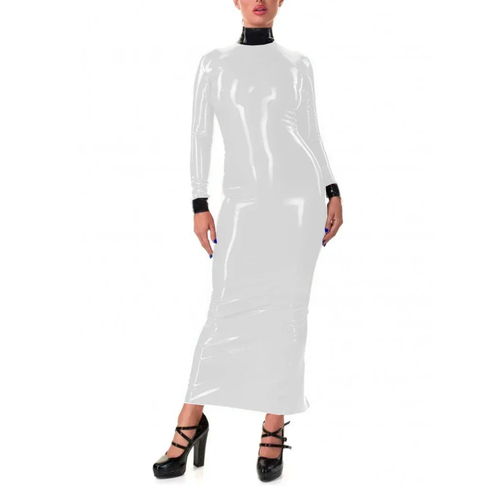 Womens Wet PVC Leather Bodycon Long Dress Female Turtleneck Long Sleeve ...