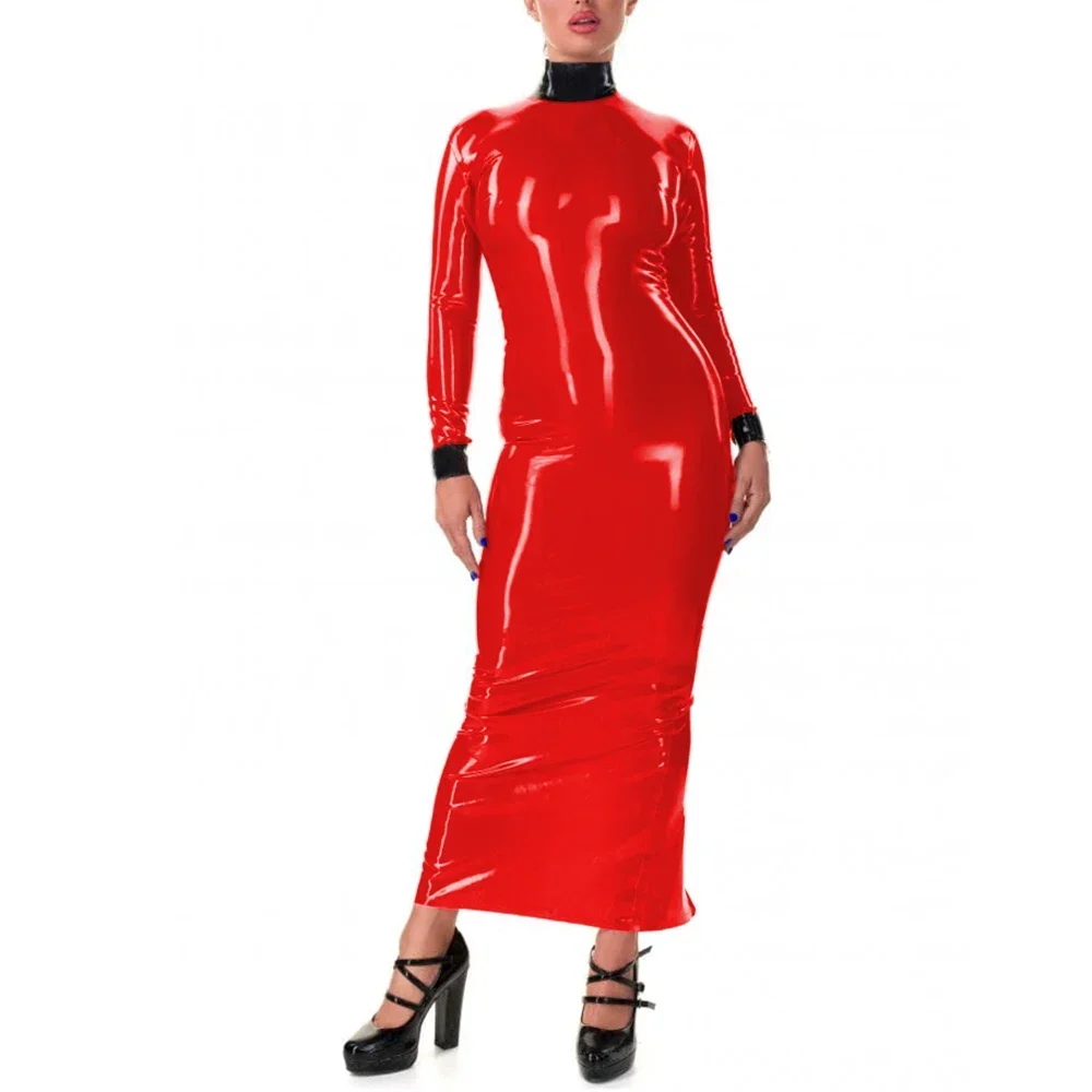 Womens Wet PVC Leather Bodycon Long Dress Female Turtleneck Long Sleeve ...