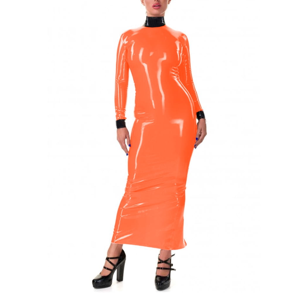 Womens Wet PVC Leather Bodycon Long Dress Female Turtleneck Long Sleeve ...