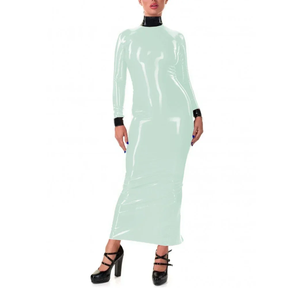 Womens Wet PVC Leather Bodycon Long Dress Female Turtleneck Long Sleeve ...