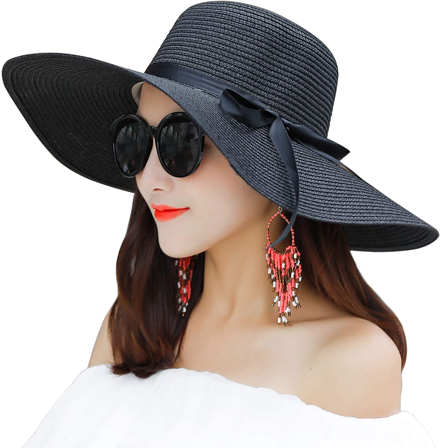 Womens Wide Brim Straw Sun Hat Floppy Foldable Roll Up Cap Upf 50 ...