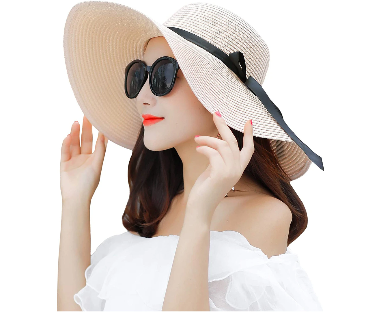 Womens Wide Brim Straw Sun Hat Floppy Foldable Roll Up Cap Upf 50