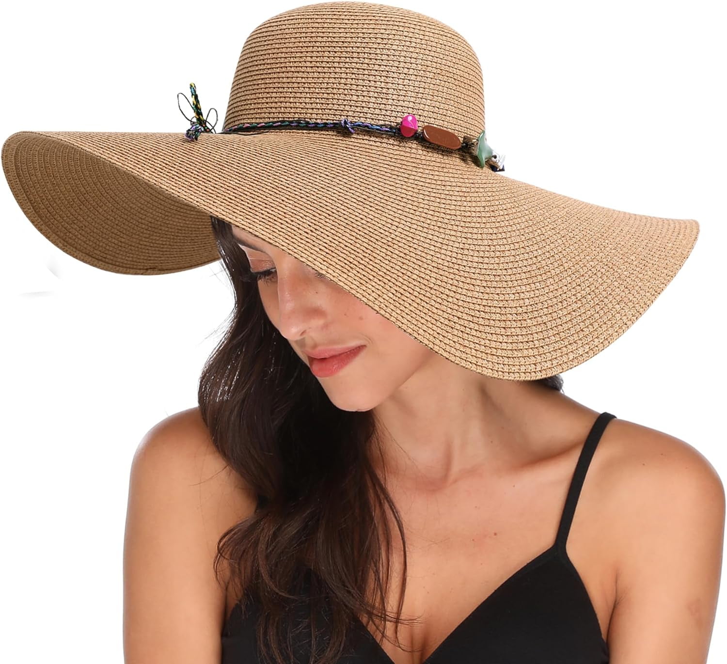 Womens Wide Brim Sun Hat Straw Hat Big Floppy Foldable Roll Up Cap