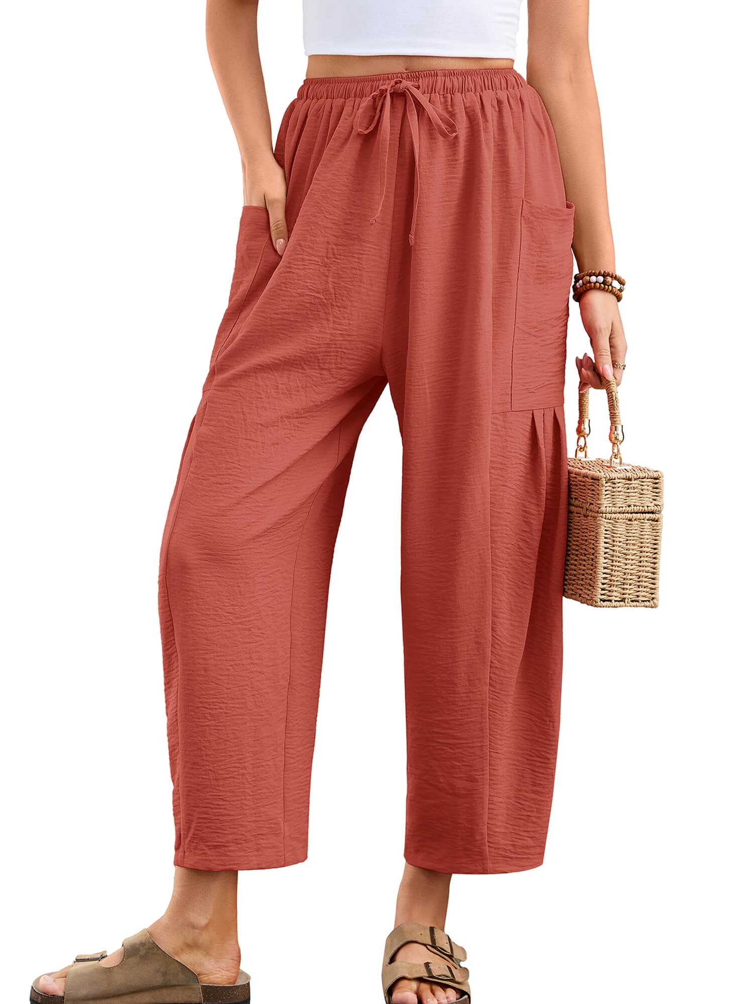Chiclily Women's High Waisted Palazzo Pants Casual Loose Brick Red Wide ...