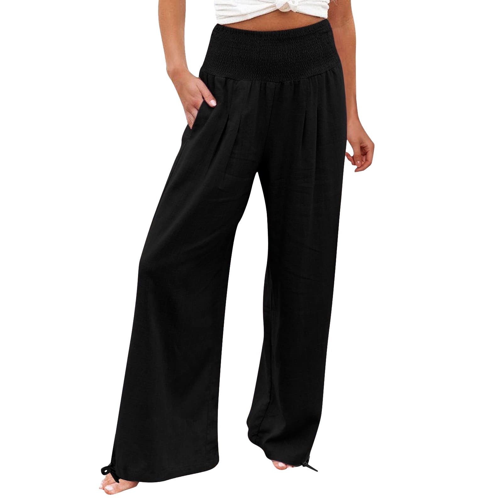 Womens Wide Leg Pants High Waist Pockets Elastic Waist Solid Loose ...