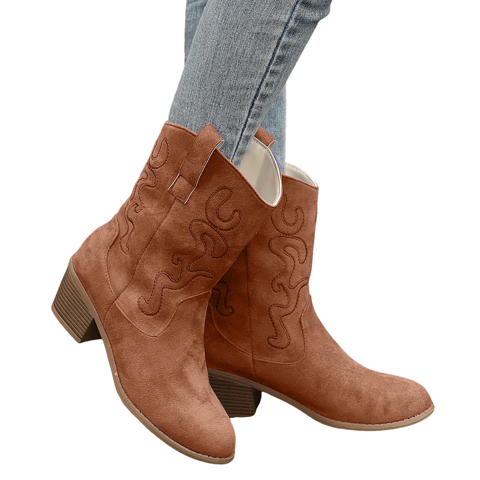 Womens Wide Mid Calf Cowgirl Boots Boho Vintage Suede Stacked Chunky ...