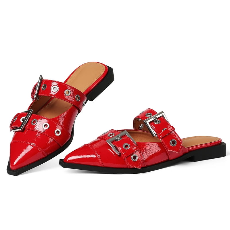 Womens Wide Welt Buckle Ballet Flats Pointed Toe Backless Metallic ...