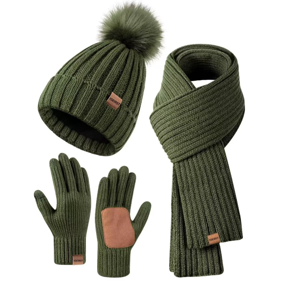 Womens Winter Beanie Hat Scarf Gloves Set Warm Knit Beanie with Pom Pom ...