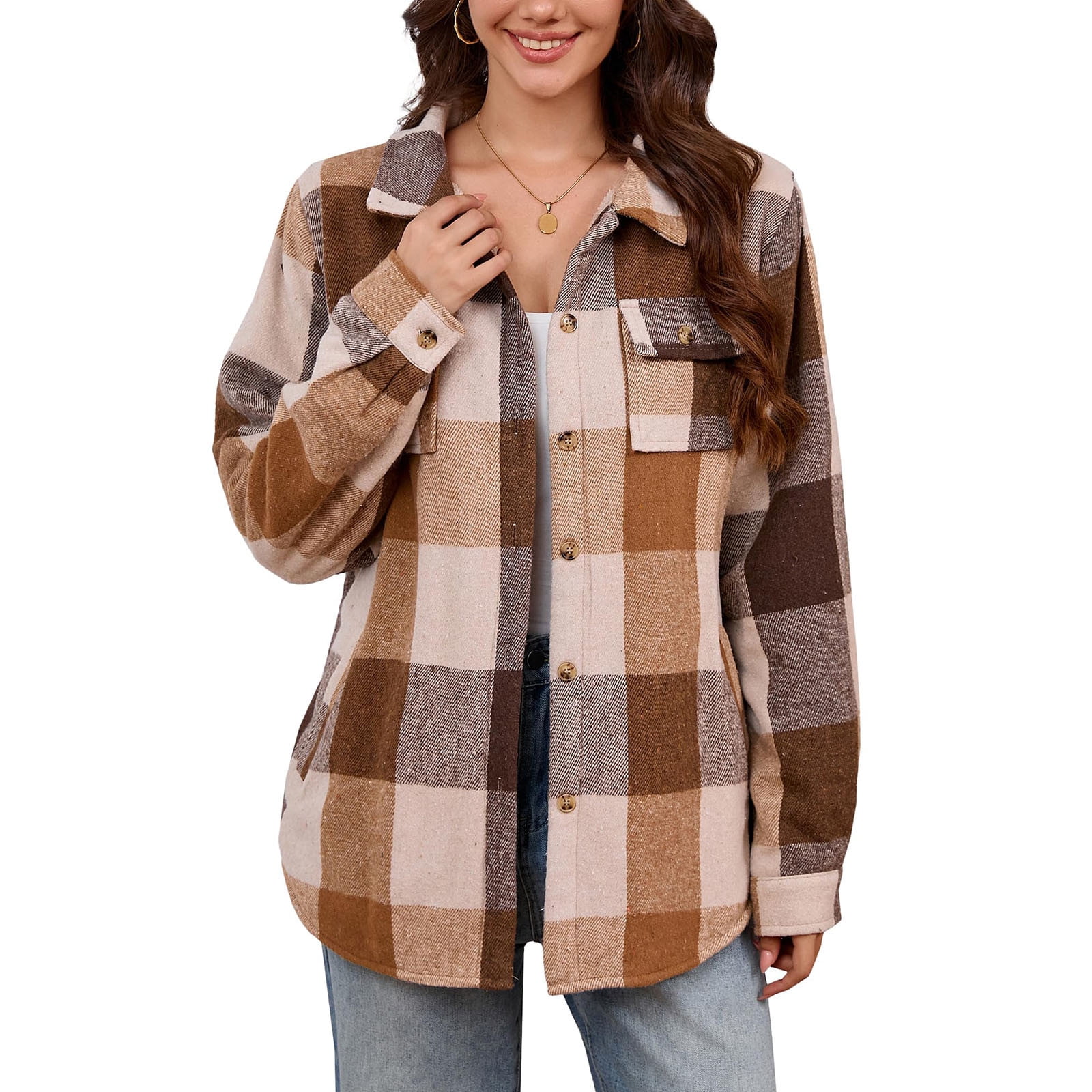 Womens Winter Coats Classic Plaid Shirt Shackets with Sherpa Fleece ...