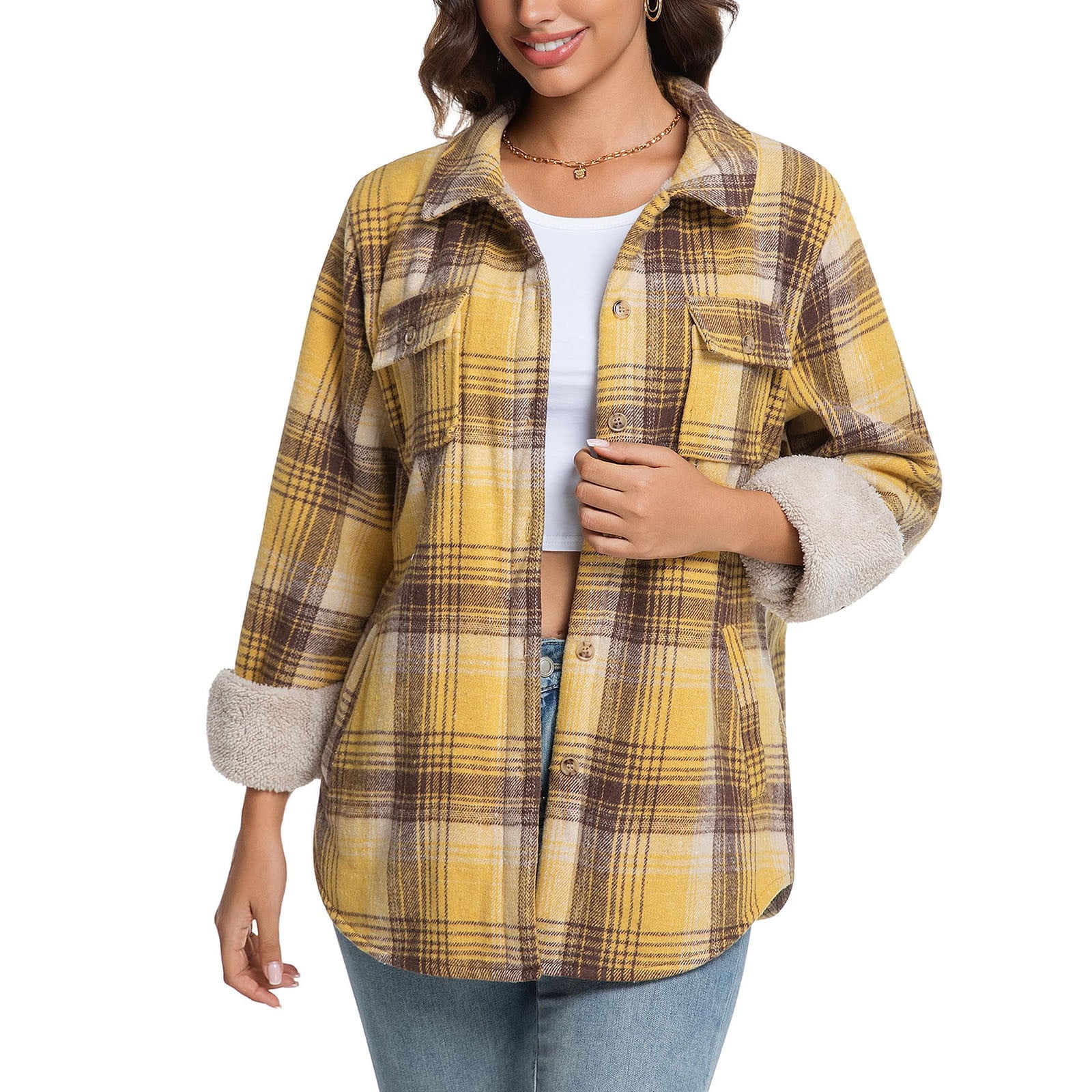 Womens Winter Coats Classic Plaid Shirt Shackets with Sherpa Fleece ...