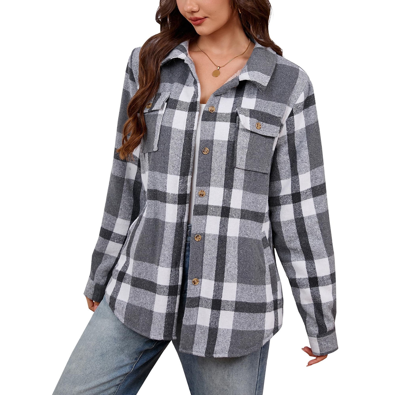 Womens Winter Coats Classic Plaid Shirt Shackets with Sherpa Fleece ...