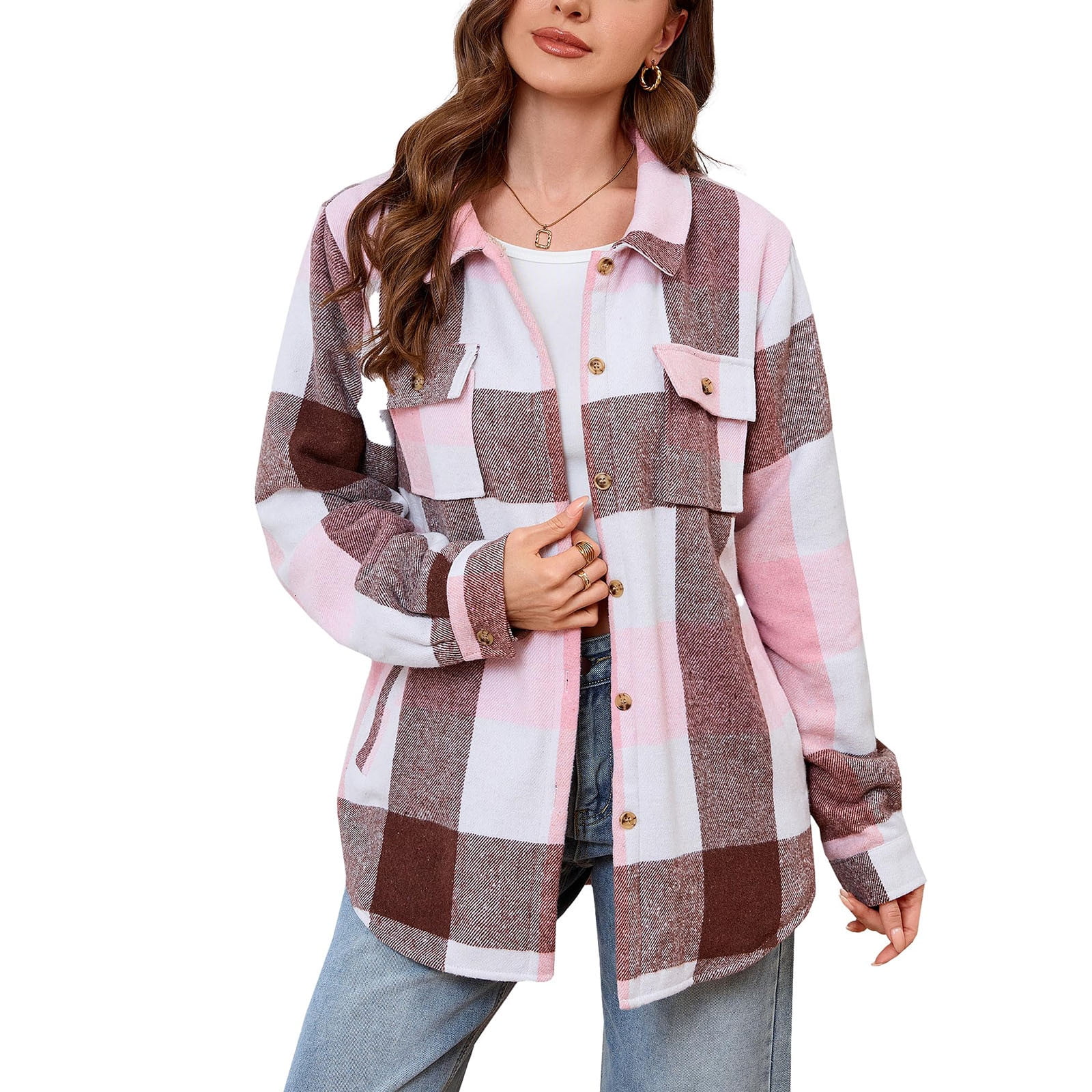 Womens Winter Coats Classic Plaid Shirt Shackets with Sherpa Fleece ...