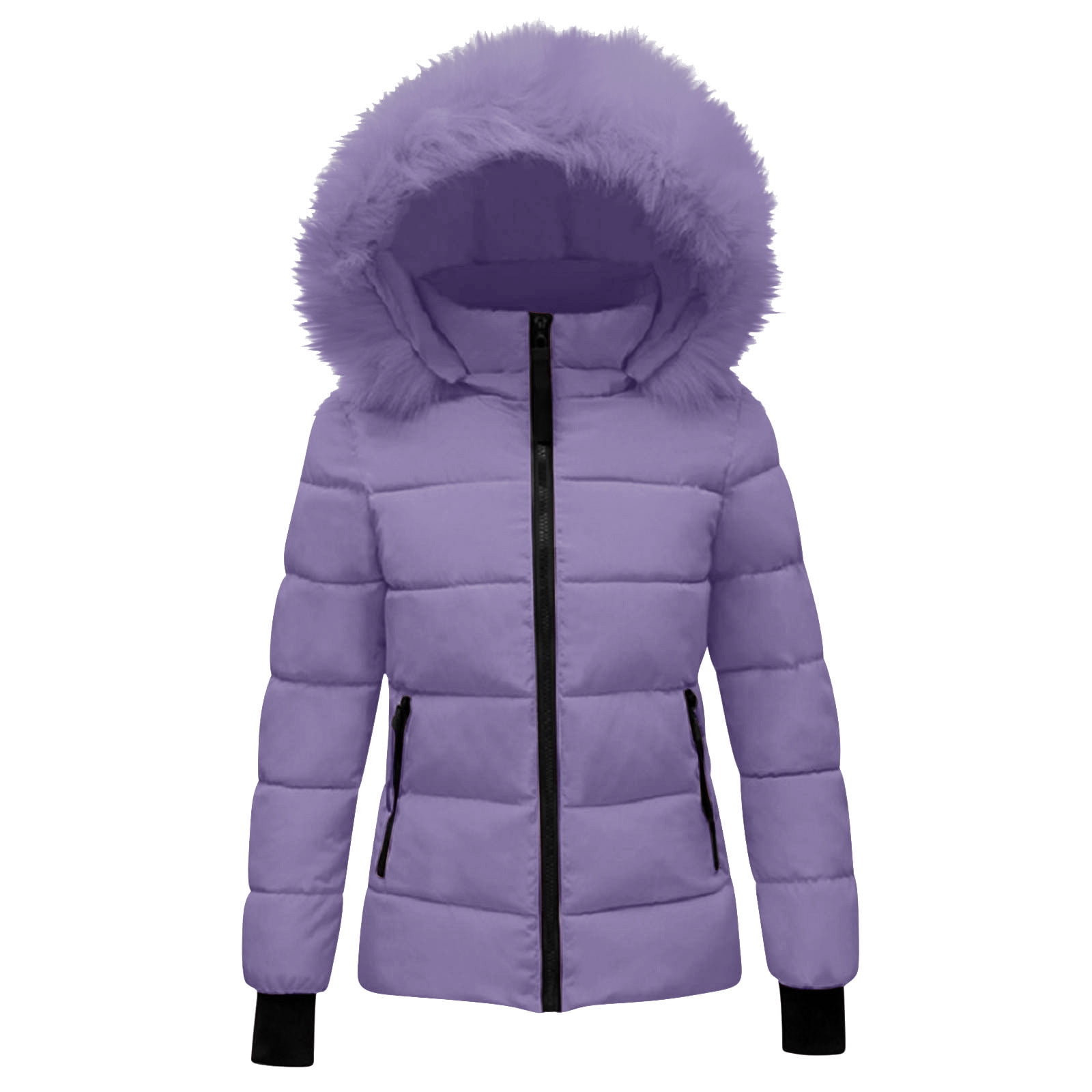 Womens Winter Coats with Fur Hood Long Sleeve Down Jackets Pockets ...