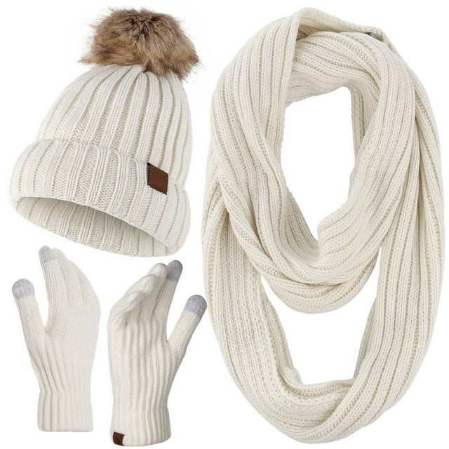 Womens Winter Hat Scarf Glove Set, Warm Knitted Beanie Hat with Velvet ...