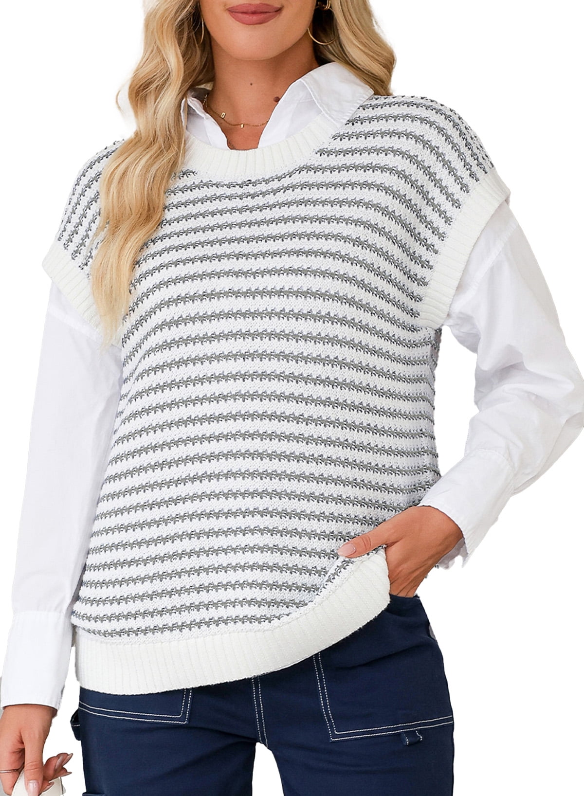 Womens Winter Sweaters Vest Crew Neck Sweater Vests Ribbed Knit ...