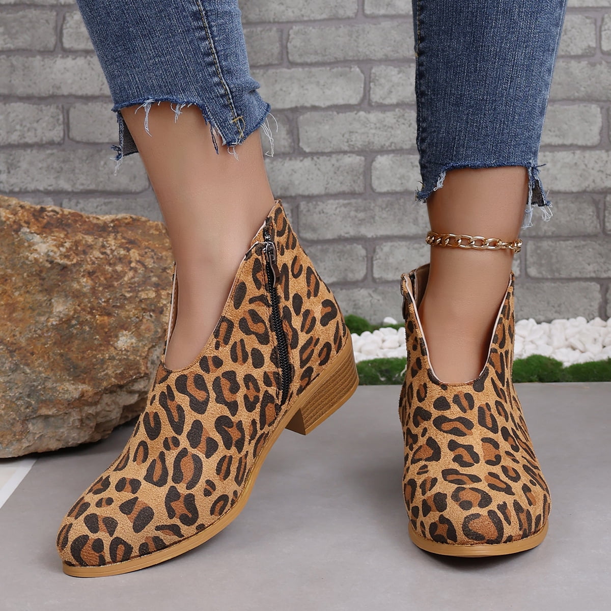 Womens Womens Low Print Heel Ankle Leather Boots Leopard Pattern V-Cut ...