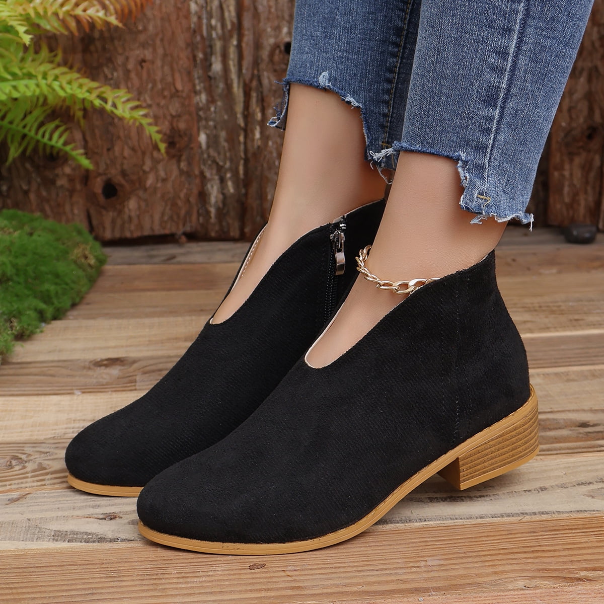 Womens Womens Low Print Heel Ankle Leather Boots Leopard Pattern V-Cut ...