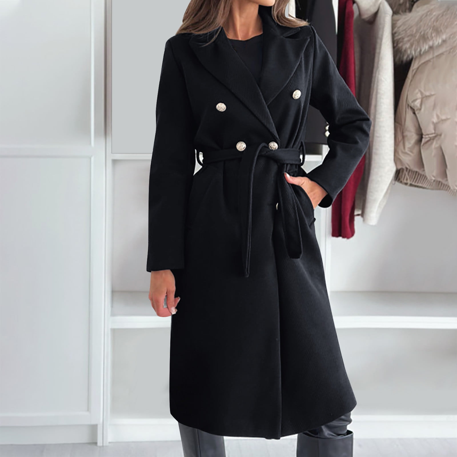 Womens Wool Coat with Belt Double Breasted Trendy Winter Long Pea Coats ...
