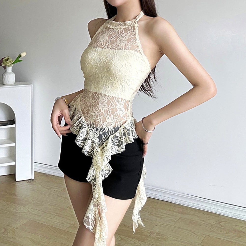 Womens Y2K Aesthetic Suspender Backless See Through Lace Transparent ...