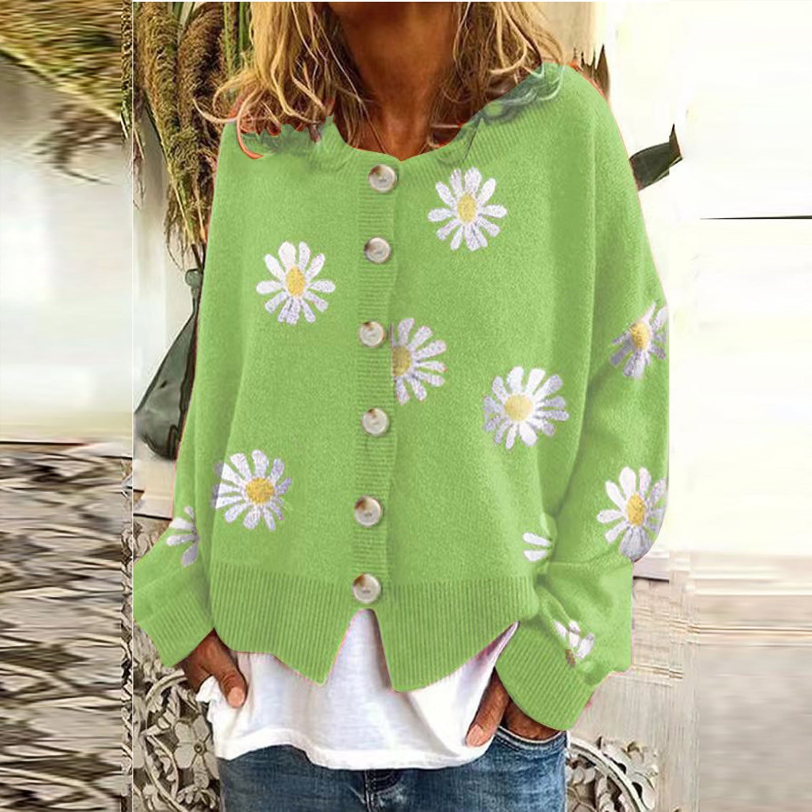 Womens Y2K Cardigan Sweaters Long Sleeve Open Front Cropped Flower Knit ...