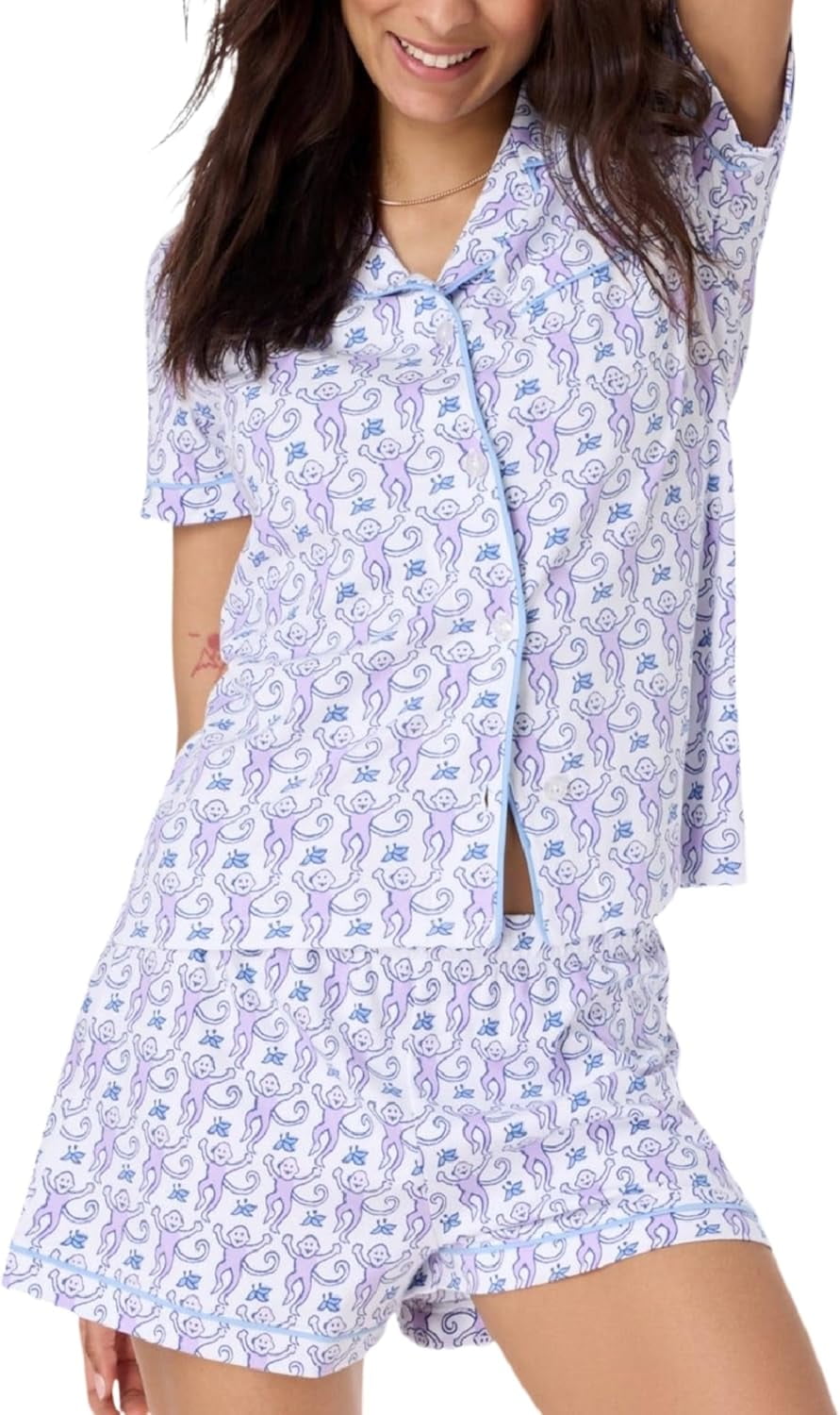 Womens Y2k Pajamas Set 2 Piece Button Down Monkey Shorts Set Roller Dupes Rabbit Preppy ...