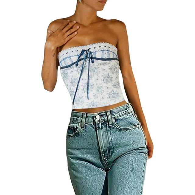 Womens Y2k Strapless Lace Tube Top Sleeveless Off Shoulder Lace