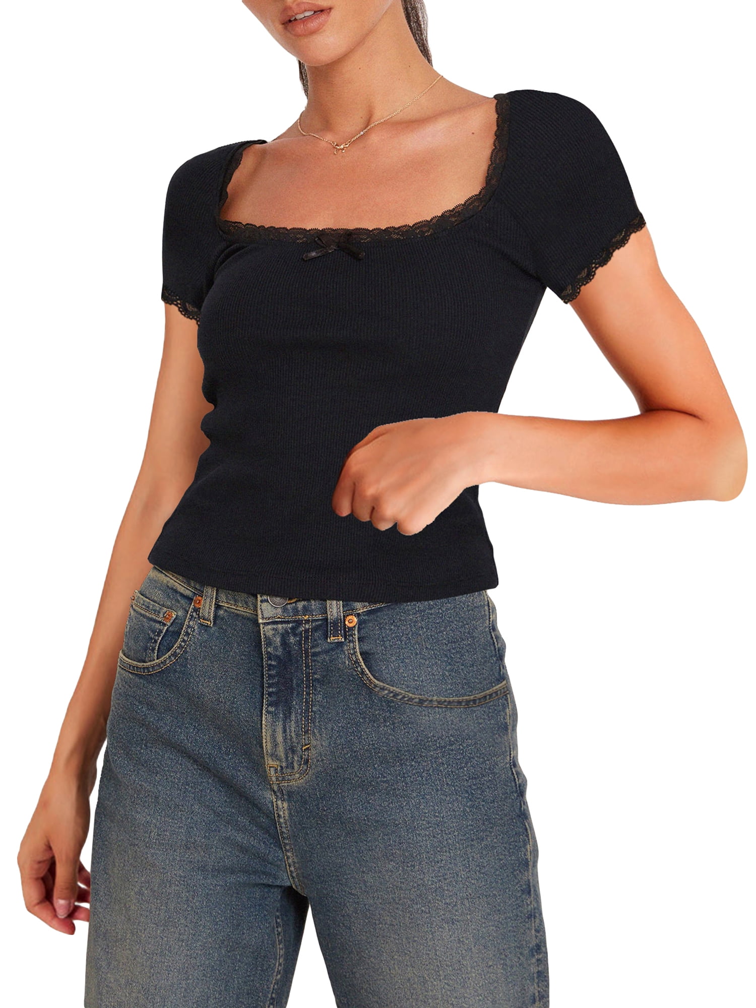Womens Y2k Summer Slim Fit Crop Tops Lace Trim Short Sleeve Square Neck ...