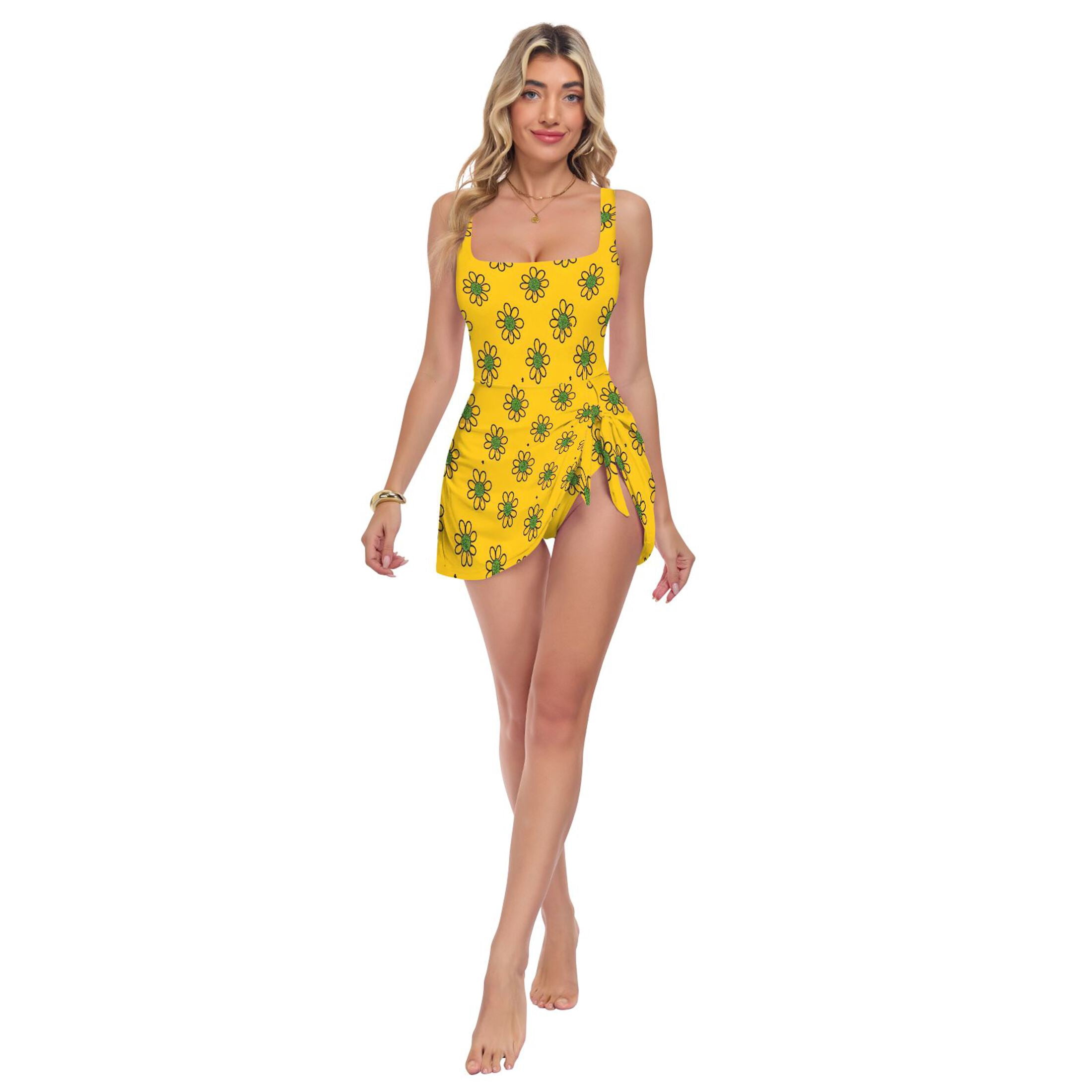 Womens Yellow Flower Pattern Print 2-in-1 Swim Dress Detachable Skirt ...