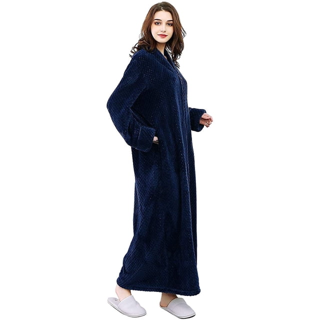 Womens Zip Up Fleece Robe Warm Loose Flannel Fleece Bathrobe Plush ...