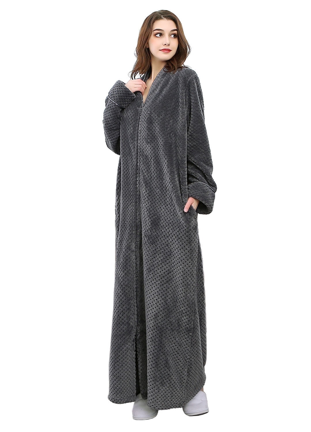 AMITOFO Womens Zip Up Fleece Robe, Warm Plush Flannel Bathrobe, Long ...
