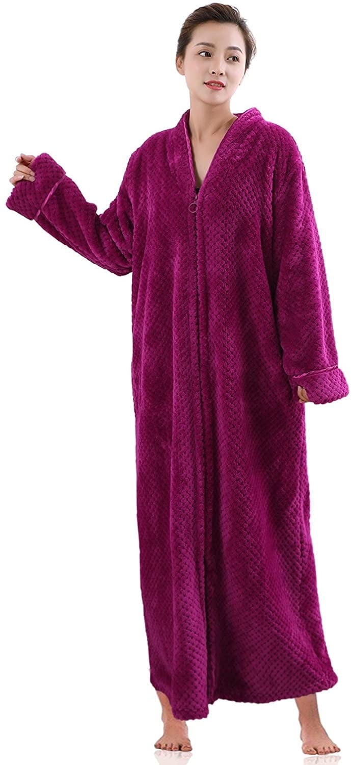AMITOFO Womens Zip Up Fleece Bathrobe, Warm Flannel Lounger, Long Sleeve, Full Length Robe ...