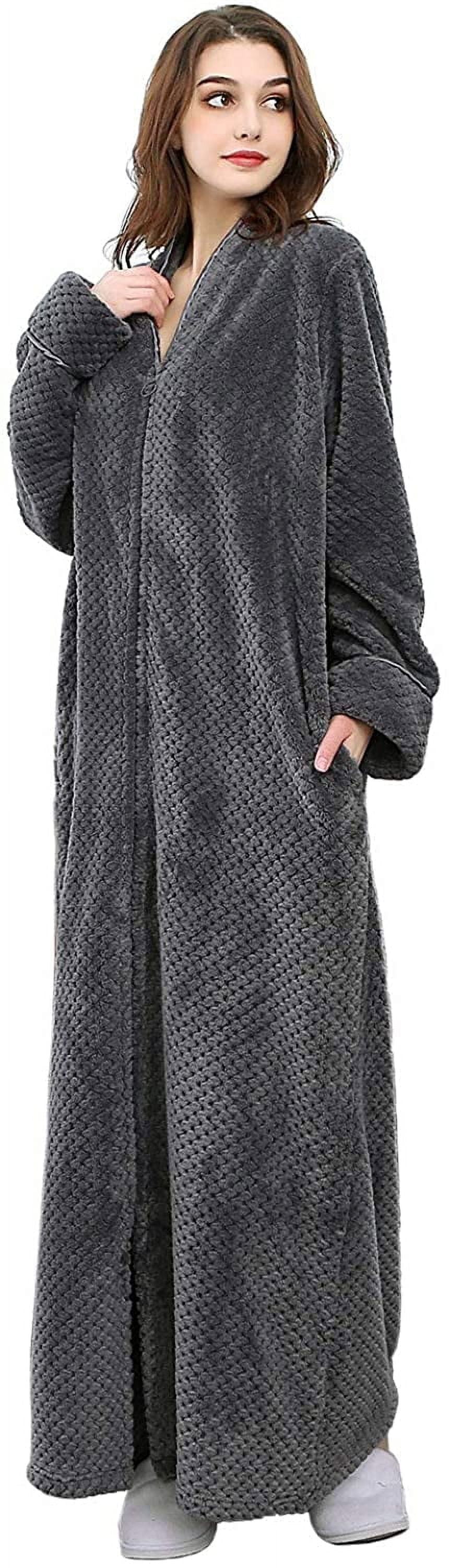 AMITOFO Womens Zip Up Fleece Robe, Long Plush Flannel Bathrobe with Pockets, Gray, M-XXL ...