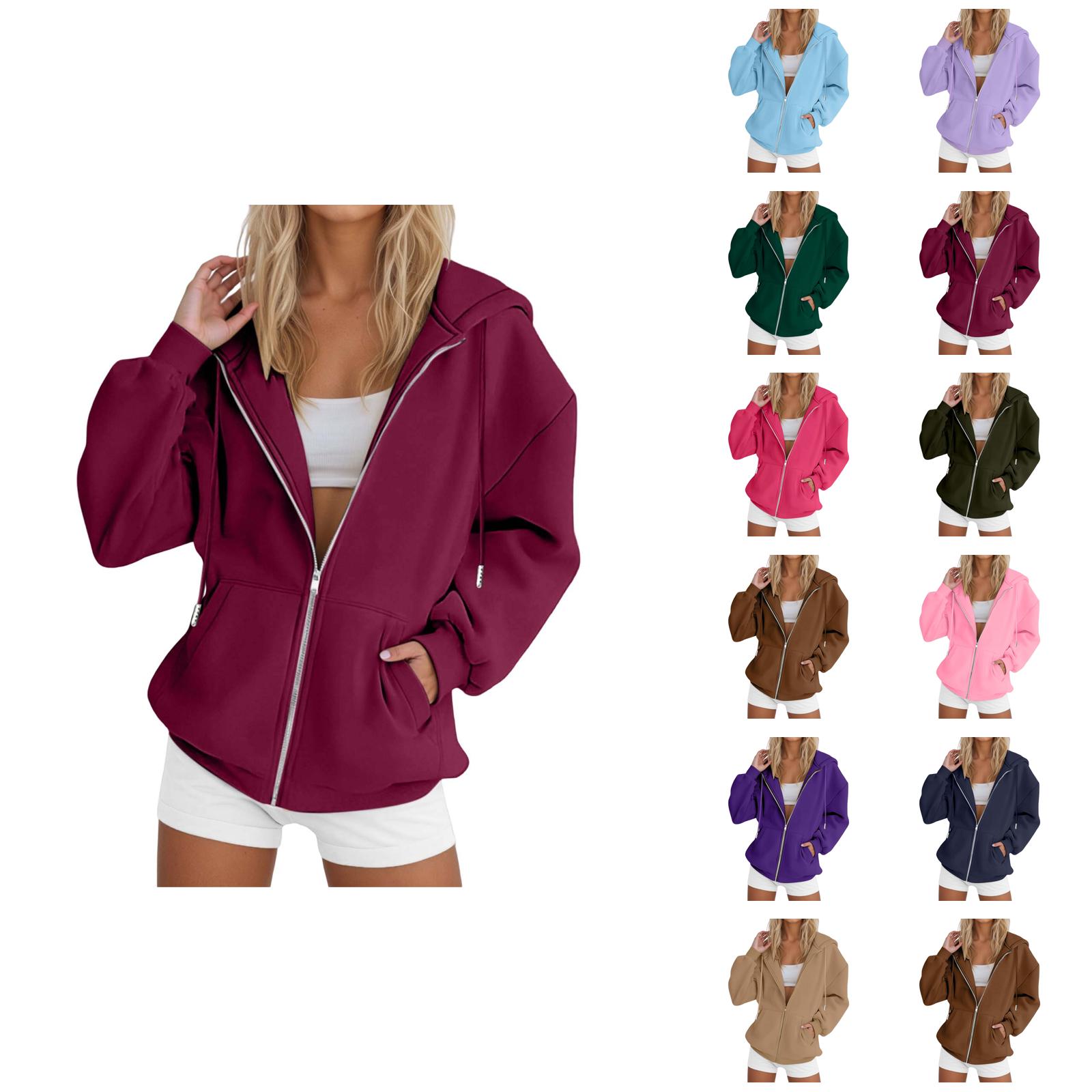Womens Zip Up Hoodies 2026 Fall Winter Plain Casual Long Sleeve Hoodie ...