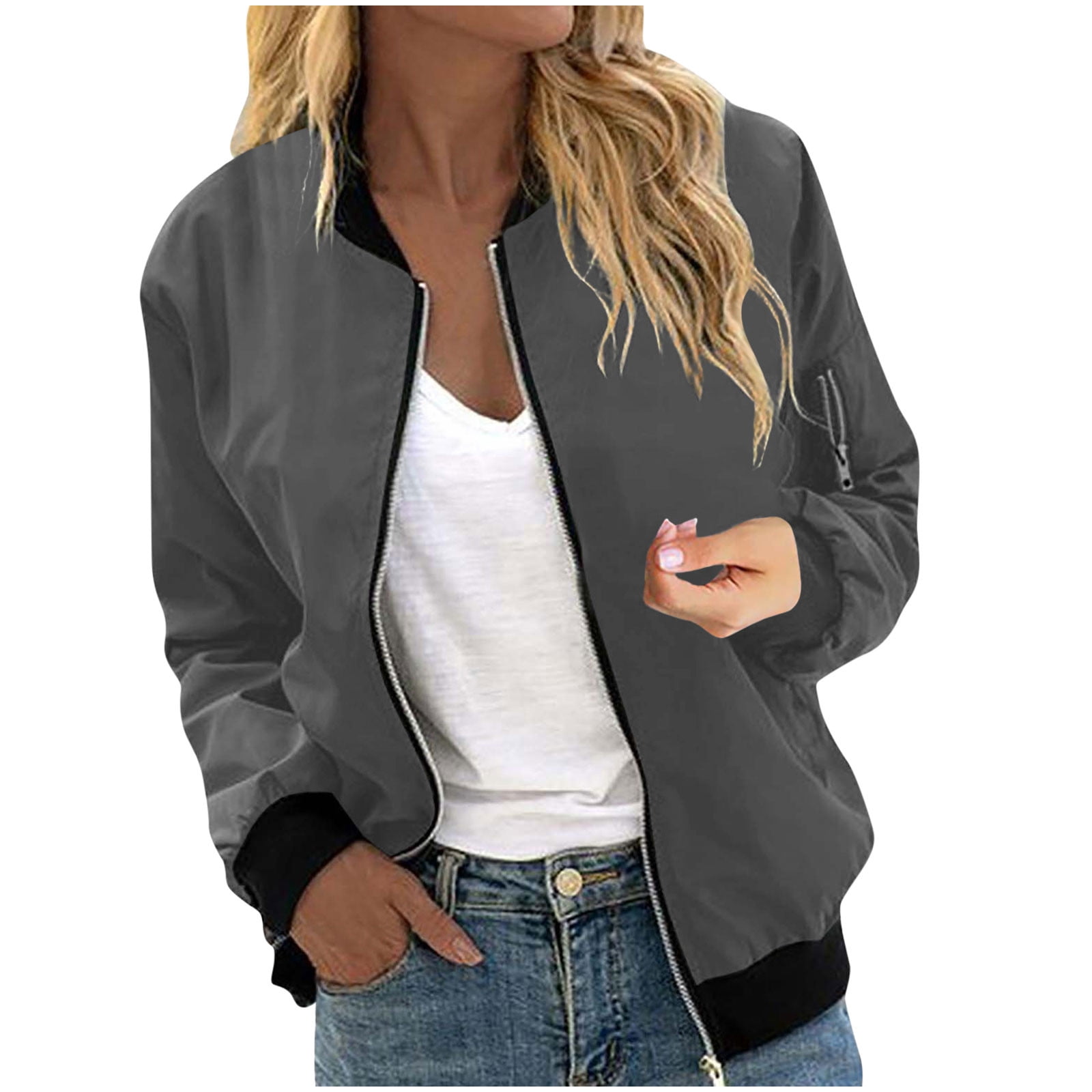 Womens Zip Up Jacker, Bomber Jackets for Women Fall Fashion Solid Color ...