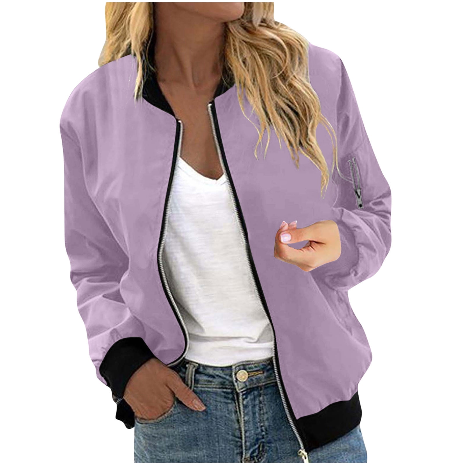 Womens Zip Up Jacker, Bomber Jackets for Women Fall Fashion Solid Color ...