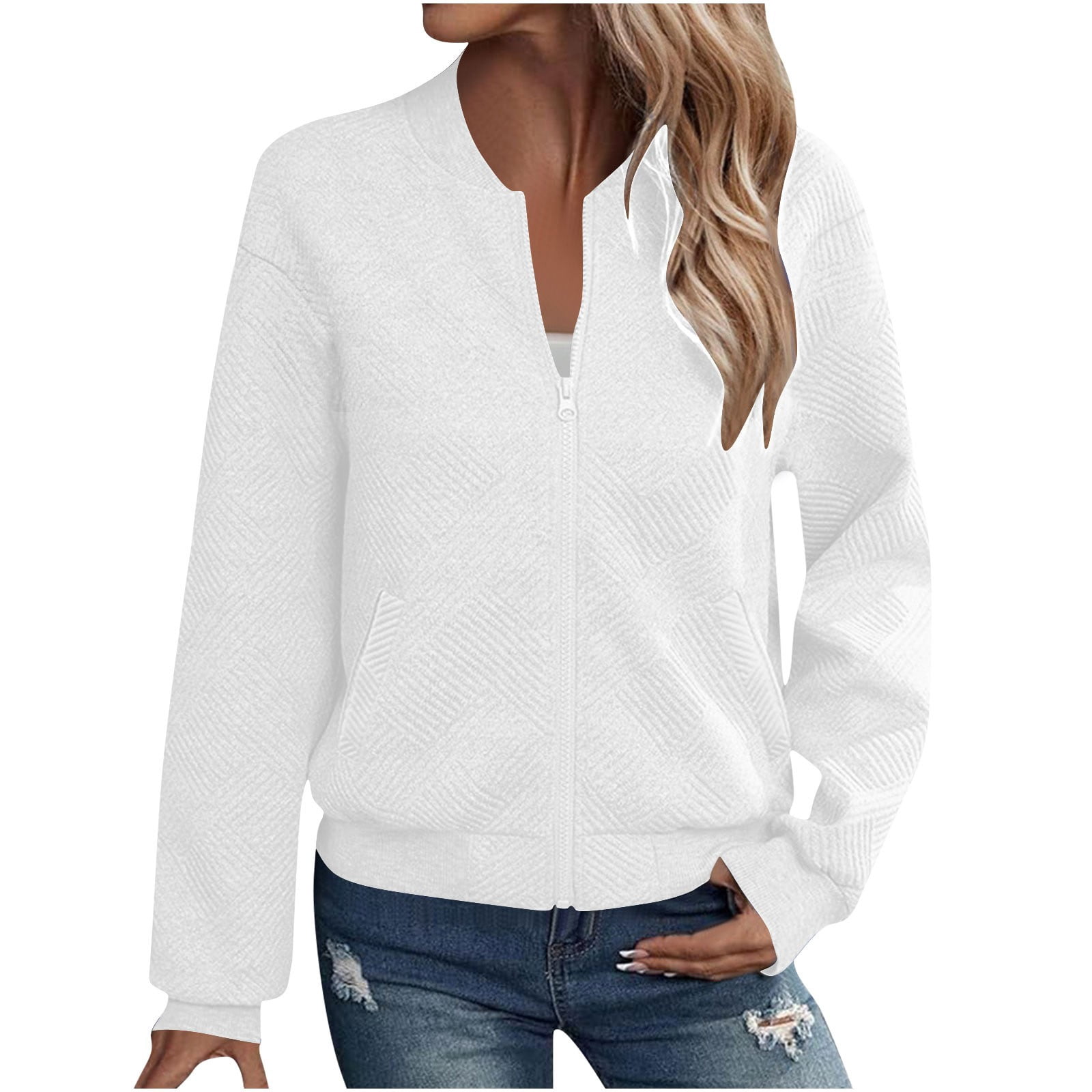 Womens Zip Up Jackets No Hood Coat Long Sleeve Casual Full Zipper ...