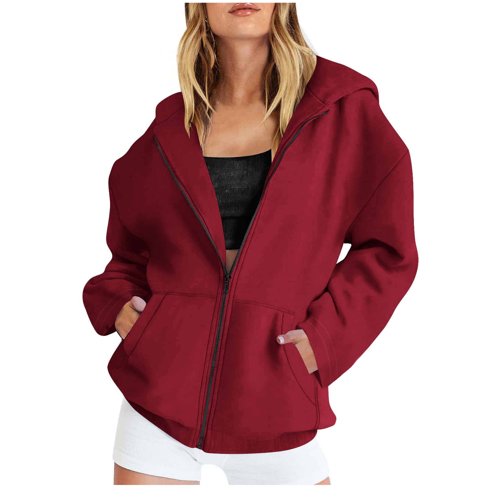 Womens Zip Up Sweatshirt Jacket Plain Oversized Hoodies Outwear with ...