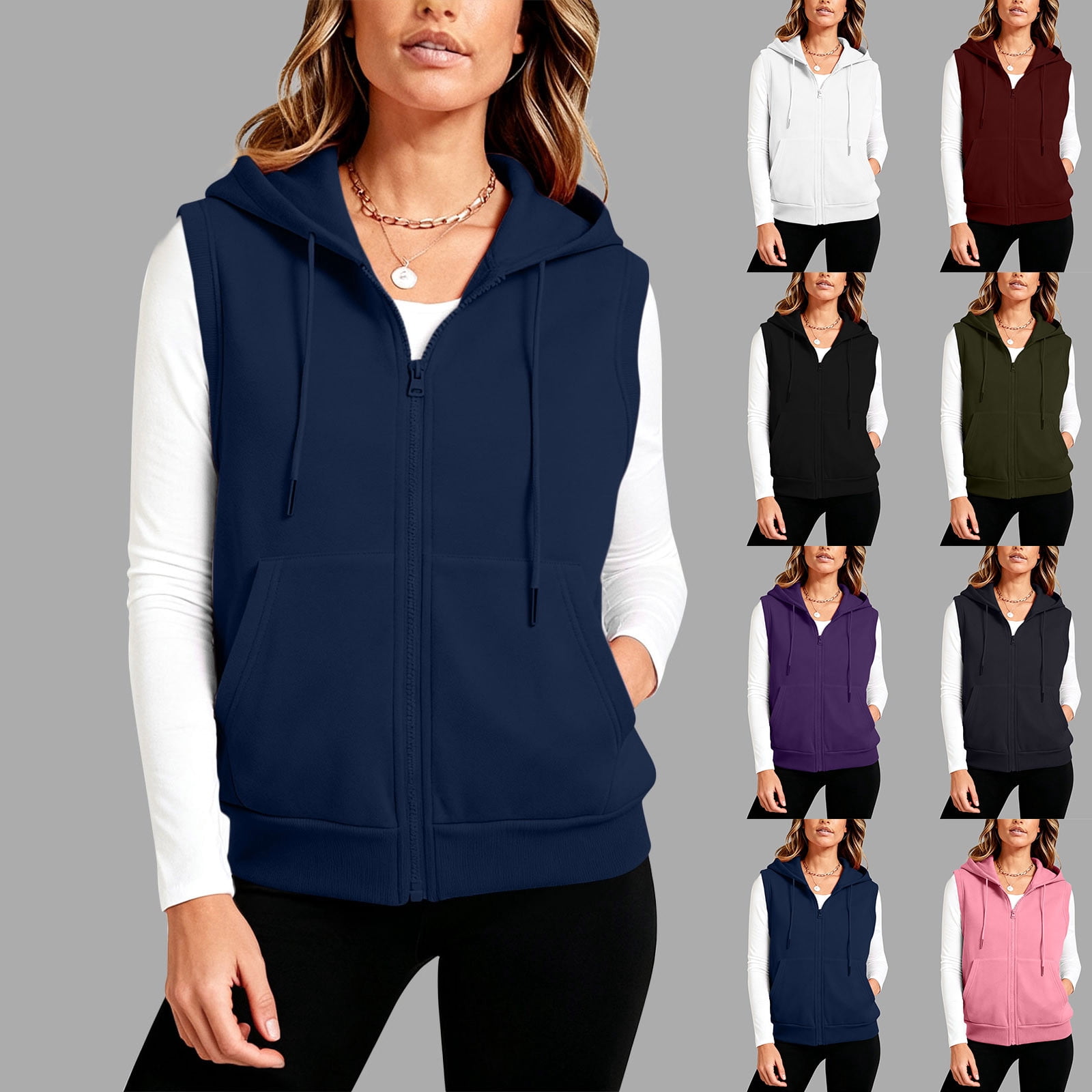 Womens Zip up Hoodie Vests - Women Sleeveless Drawstring Hooded Zipper ...