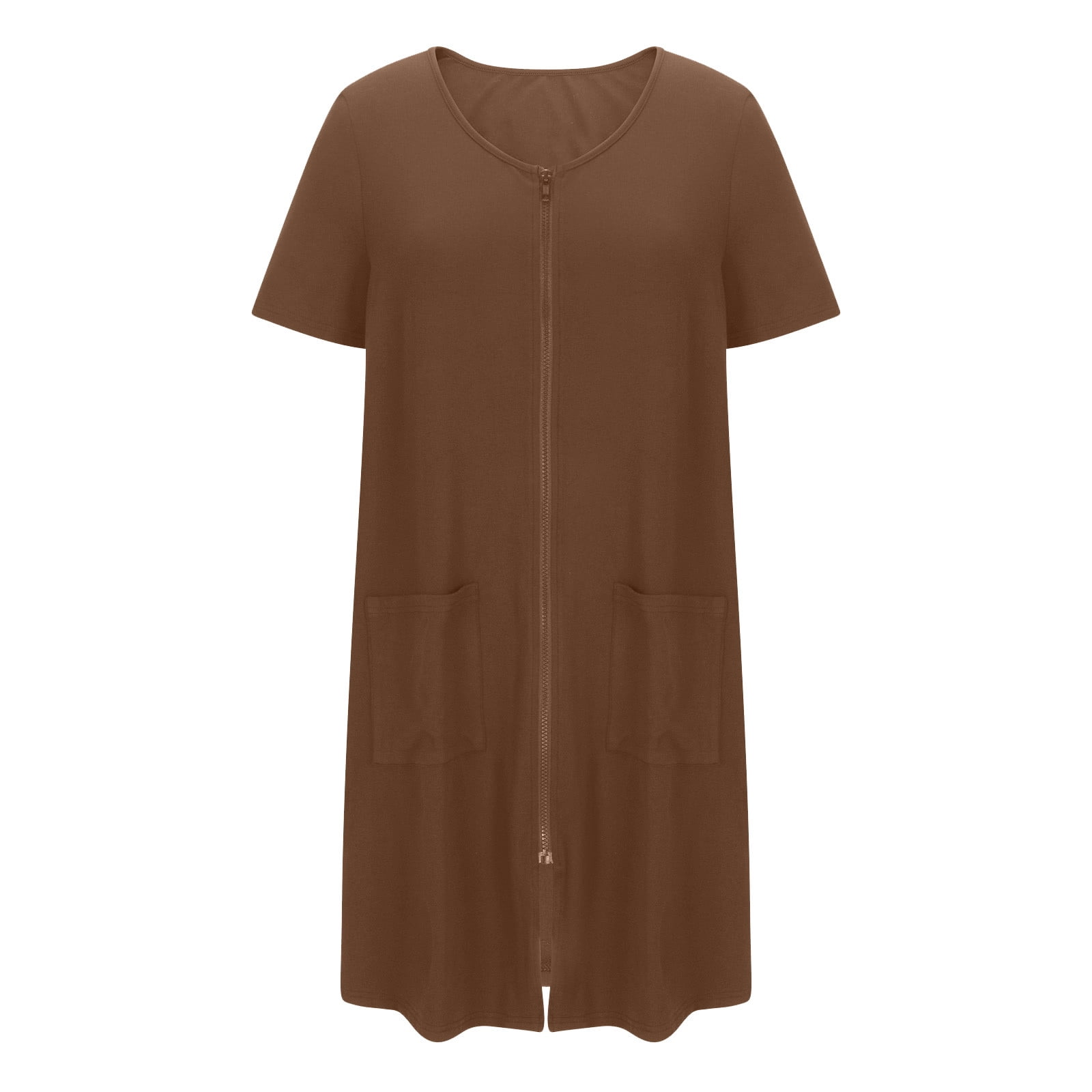 Womens Zipper Front House Dress Short Sleeves Zip Up Bathrobes Lightweight Knee Length Short ...