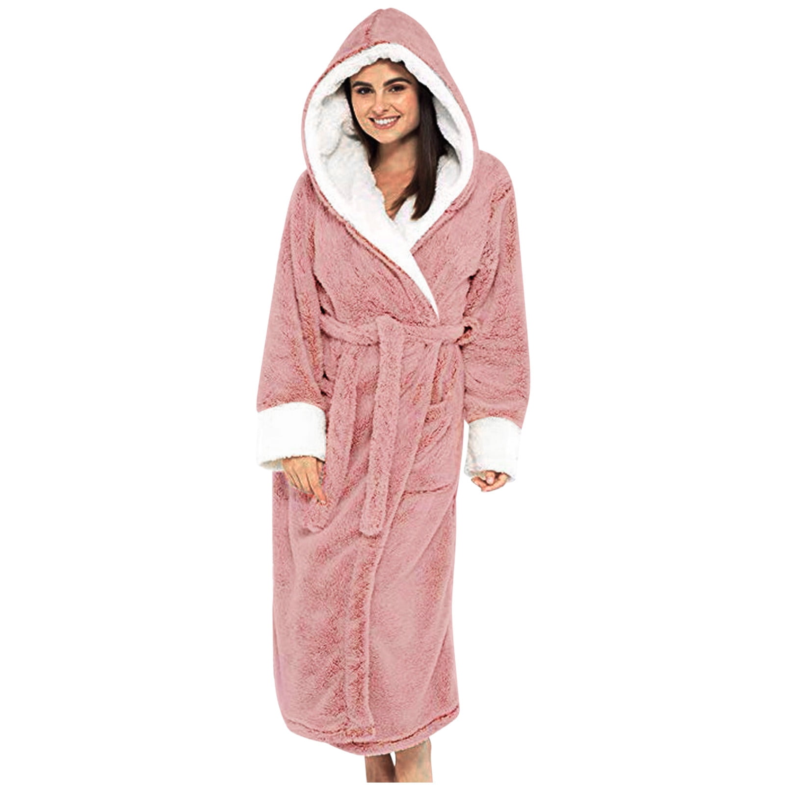 Womens And Mens Robes Plush Fleece Hooded Bathrobe Thick Nightgown With