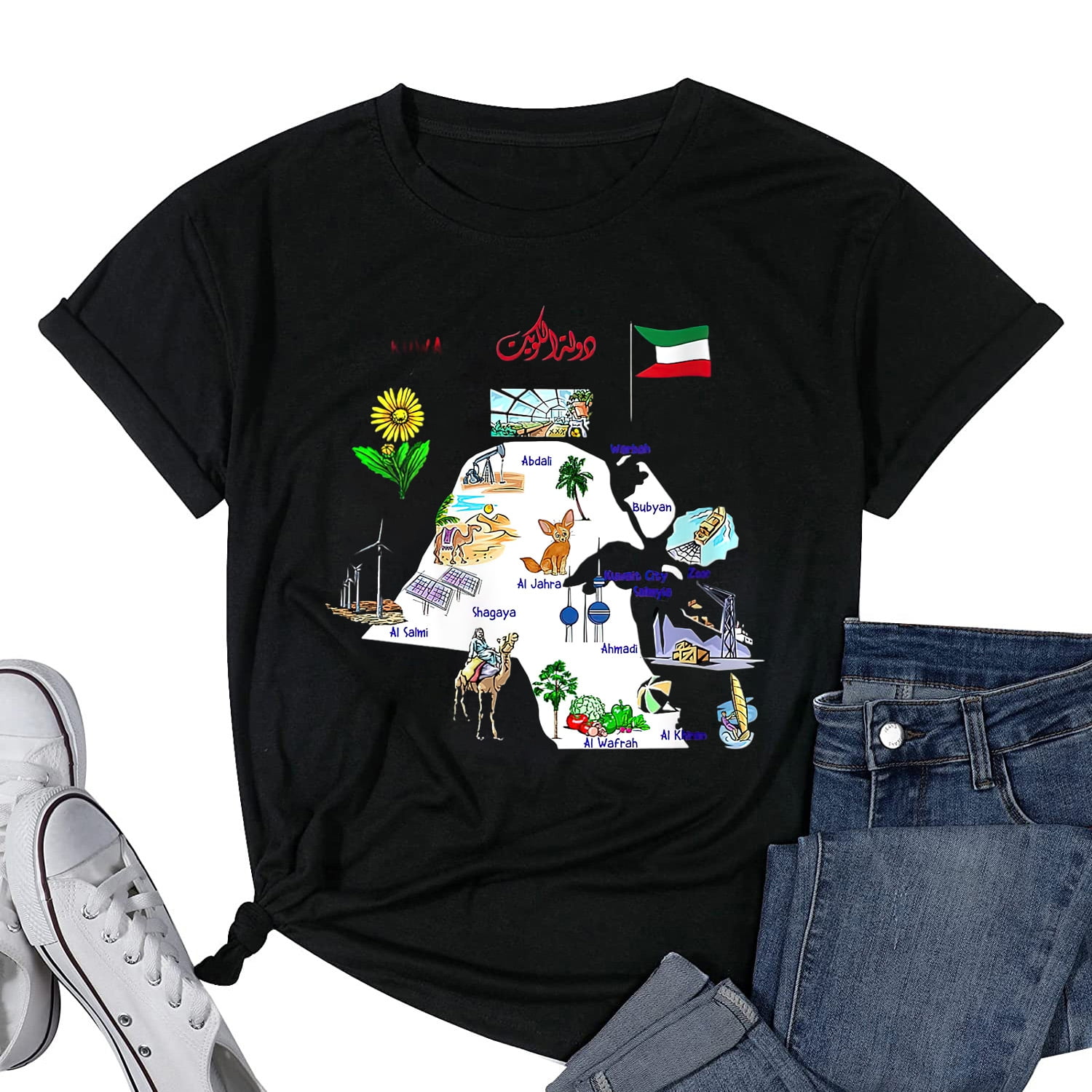 Womens illustrated Map of Kuwait, landmarks, the major cities, flag ...