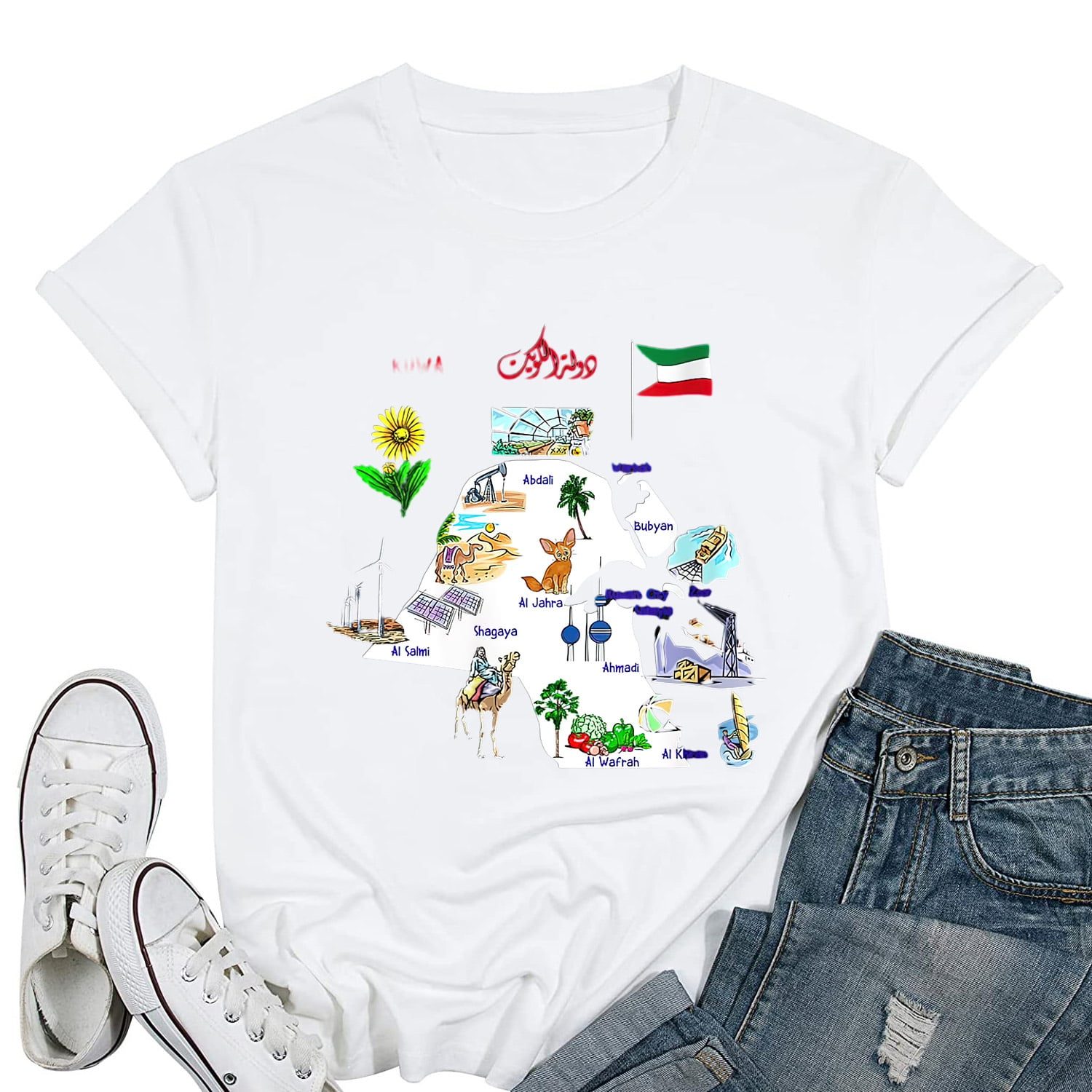 Womens illustrated Map of Kuwait, landmarks, the major cities, flag ...